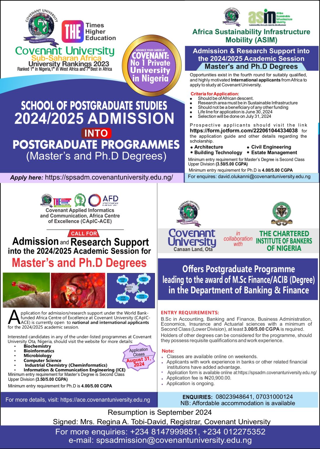 Covenant University Opens Admission into her 2024/2025 Postgraduate Programme – Postgraduate ...